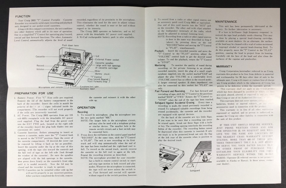1970s Craig 2603 T Control Solid State Portable Cassette Recorder ...