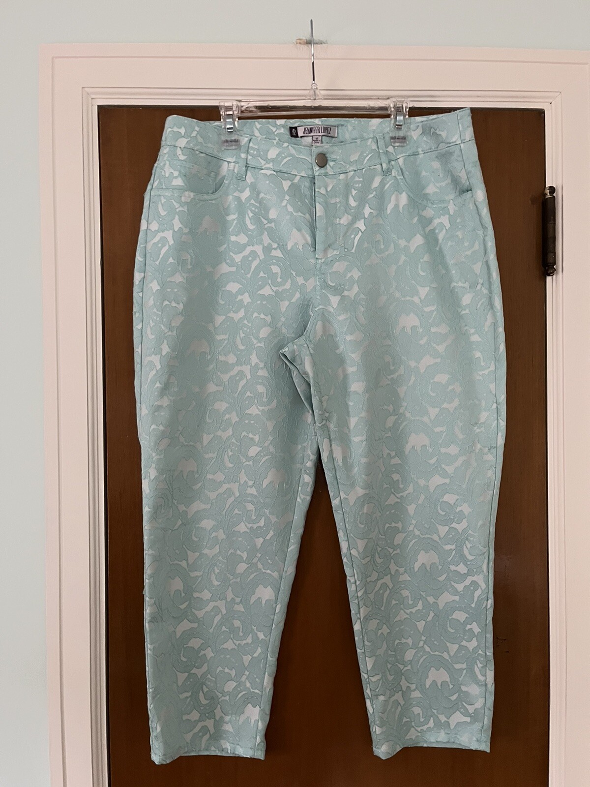 Jennifer Lopez pale aqua flocked satin capris sz 10 | eBay
