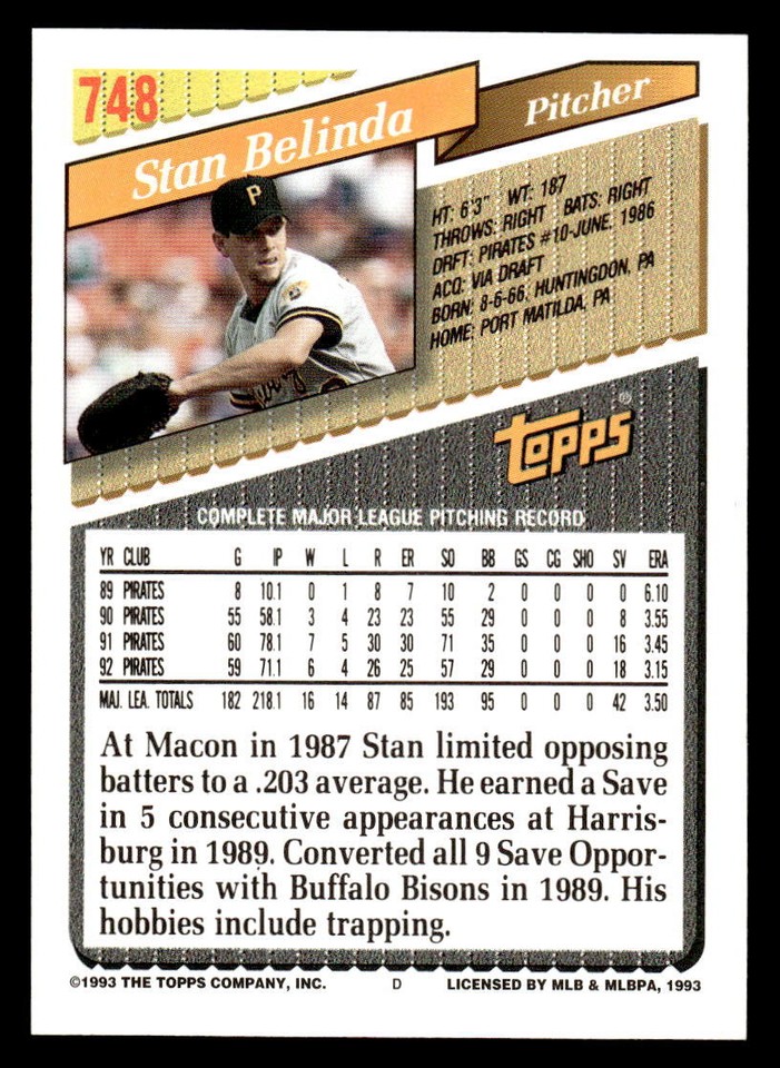 Stan Belinda 1993 Topps #748 Pittsburgh Pirates | eBay