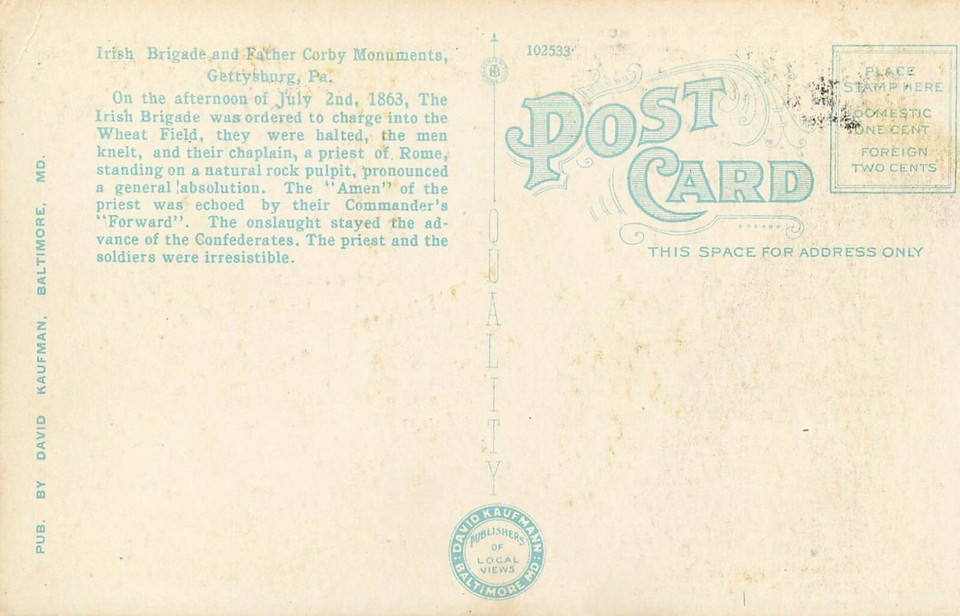 Postcard Gettysburg PA Irish Brigade Celtic Cross Father Corby Unposted ...