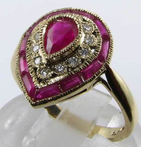 DIVINE 9CT 9K GOLD RUBY & DIAMOND ART DECO INS PEAR COCKTAIL RING FREE RESIZE | eBay