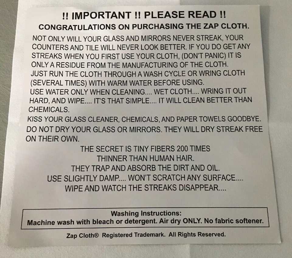 ZAP 5 Pack Zero Fiber Microfiber Cloth Streak & Spot Free Cleaning No ...