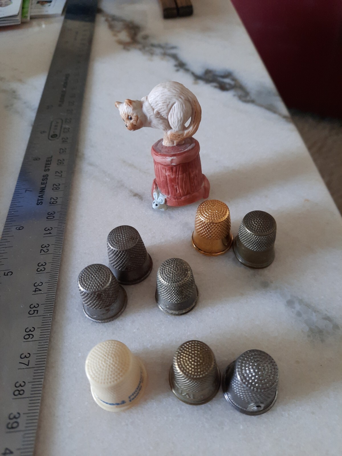 Lot of Vintage Thimbles-Prudential, Dr. Blumer's, Enesco Cat Thimble ...