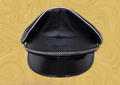 Genuine Leather Black White Strip Army Muir Biker Peak Bluf Cap With ...