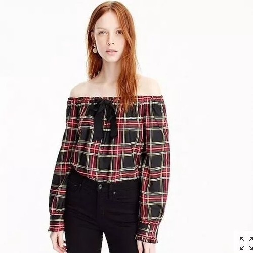 J. Crew Plaid Top Women XS Off Shoulder Red Blouse Holiday | eBay