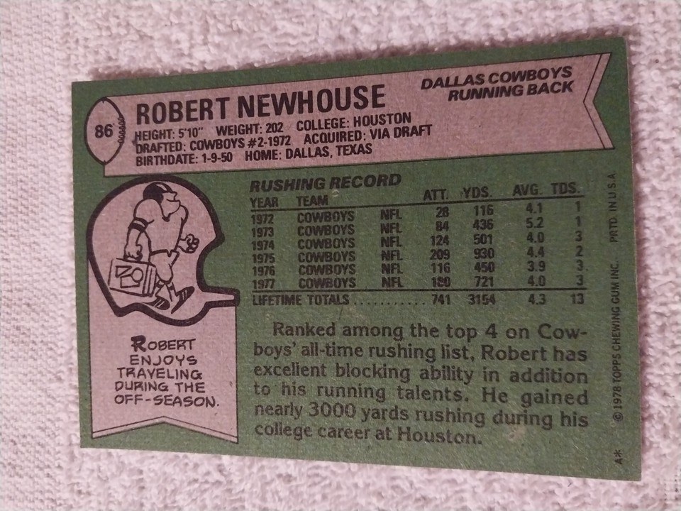 1978 ROBERT NEWHOUSE TOPPS NFL CARD #86 DALLAS COWBOYS HOUSTON COUGARS ...