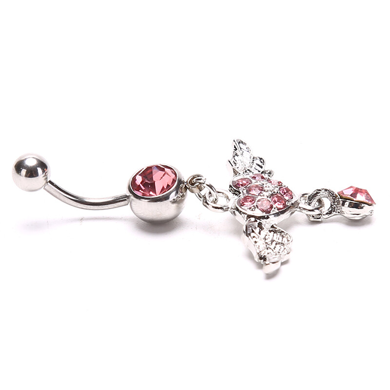 Women Fashion Piercing Crystal Heart Wing Belly Navel Ring Dangle Body ...
