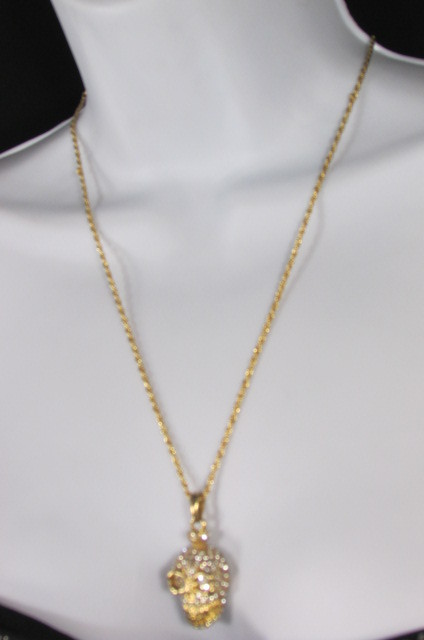 Women Fashion Long Necklace Skull Skeleton Head Gold Chain Pirate Bones ...