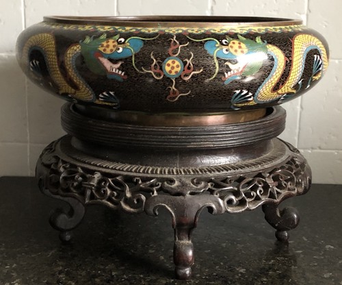 STUNNING LARGE ANTIQUE CHINESE 5 TOED DRAGON DECORATED CLOISONNÉ BOWL ...