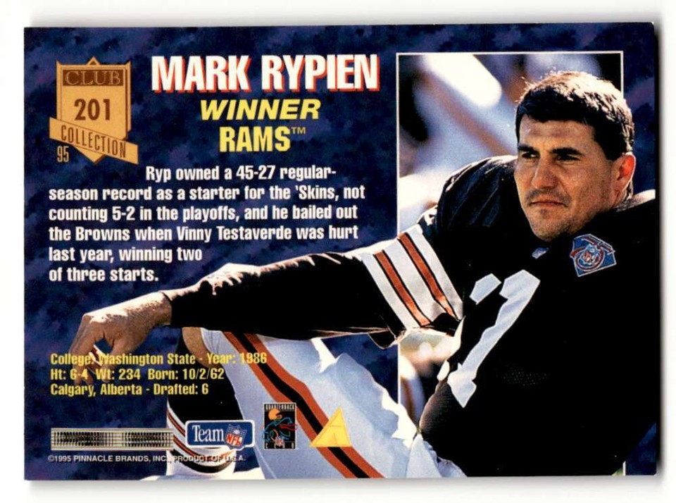 1995 Pinnacle Club Collection #201 Mark Rypien St. Louis Rams Footba ID ...