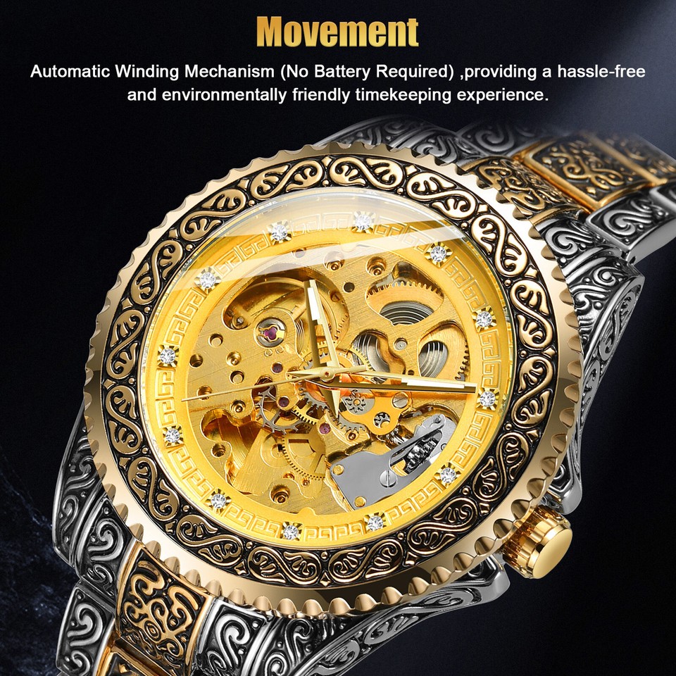 Luxury Men's Stainless Steel Automatic Mechanical Wrist Watch Gold Tone ...