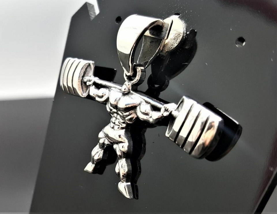 Body Builder Weight Lifting Barbell Pendant Charm 925 STERLING SILVER ...