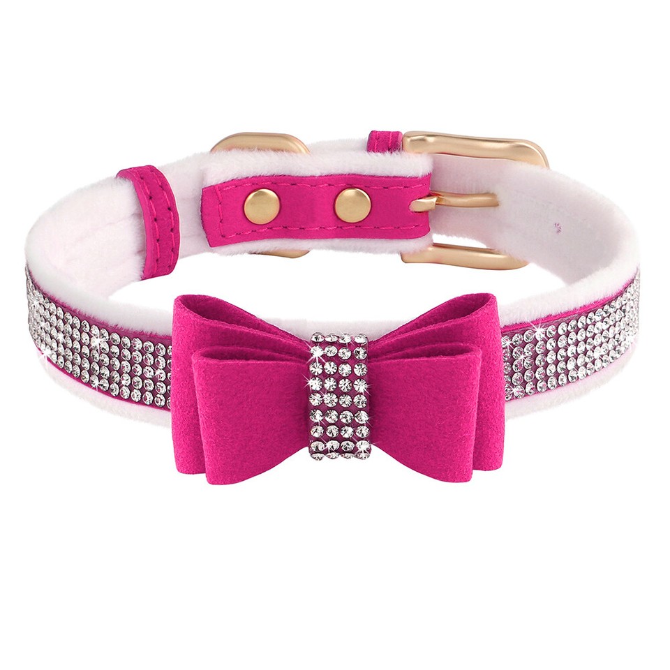 Bling Rhinestone Dog Cat Collar Suede Fleece Padded with Bow Tie ...