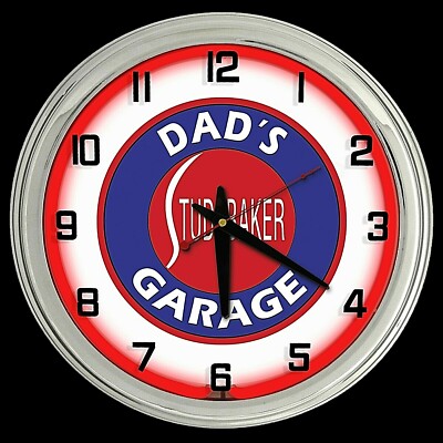 16" Dad's Studebaker Garage Sign Red Neon Clock Chrome Man Cave Garage ...