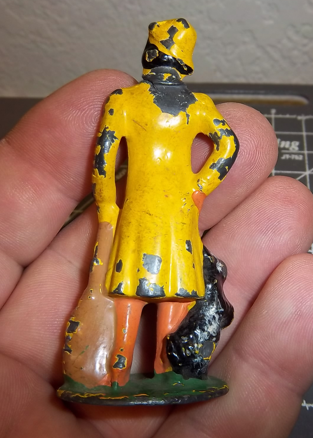 Vintage Lead toy Lady in Yellow figure with dog 3" tall, great ...