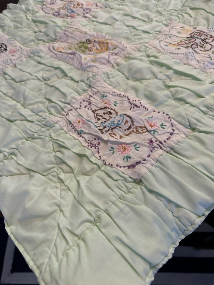 Vintage HANDMADE Ruffled Pinch Pleat Baby Crib Blanket Embroidered ...