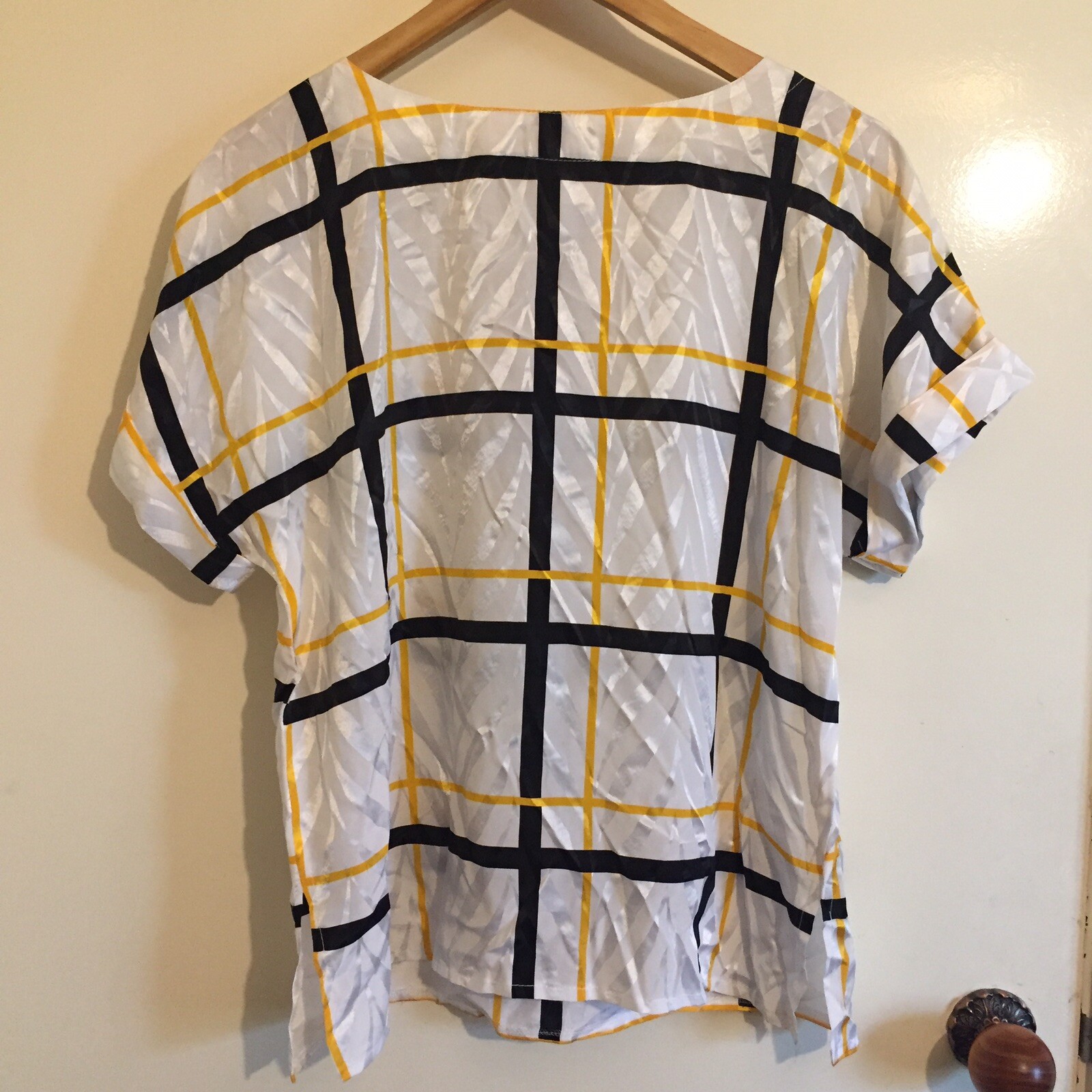 Vintage Top Blouse ‘Flirt’ Brand White Yellow Black Lines with Jacquard ...