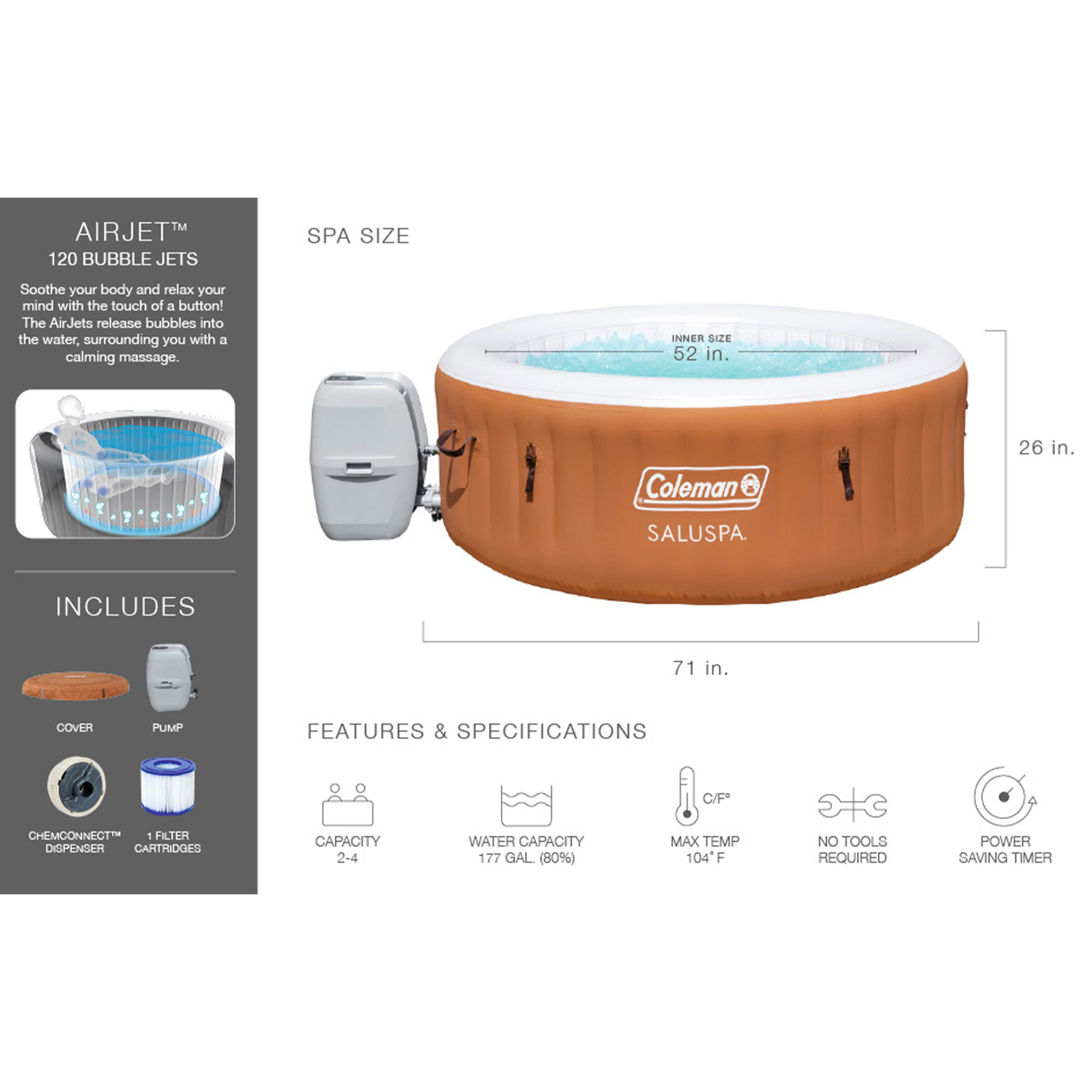 Coleman SaluSpa Miami Air Jet 4 Person Inflatable Hot Tub Spa w/ Pump ...