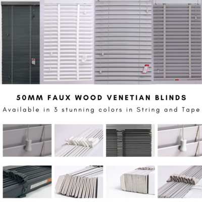 Faux wood wooden Venetian Blinds String and Tape Grey Blind 50 mm slats ...