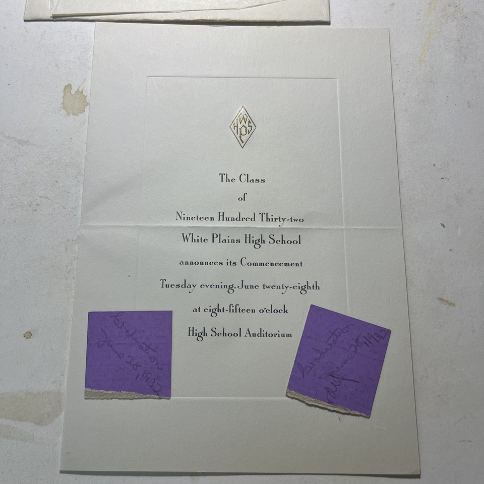 WHITE PLAINS NY Westchester 1932 HIGH SCHOOL GRADUATION Invitation ...