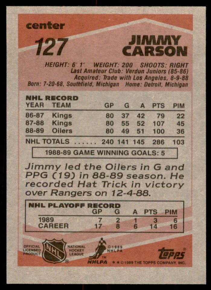 1989-90 TOPPS JIMMY CARSON EDMONTON OILERS #127 | eBay