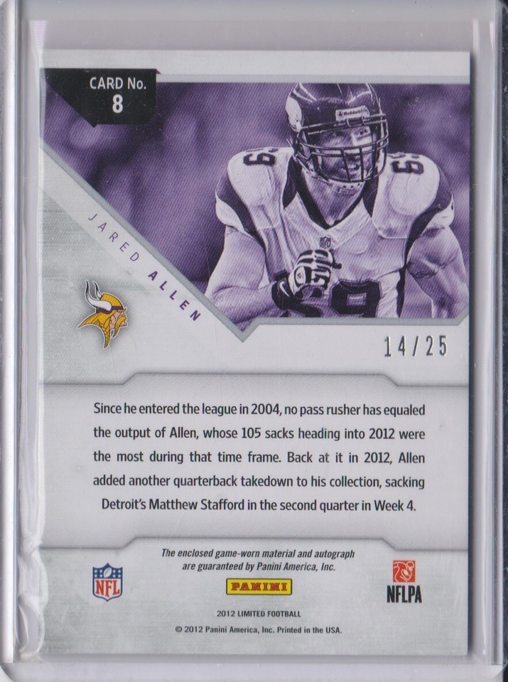 2012 Panini Limited JARED ALLEN Autograph/Jersey card serial #14/25 | eBay