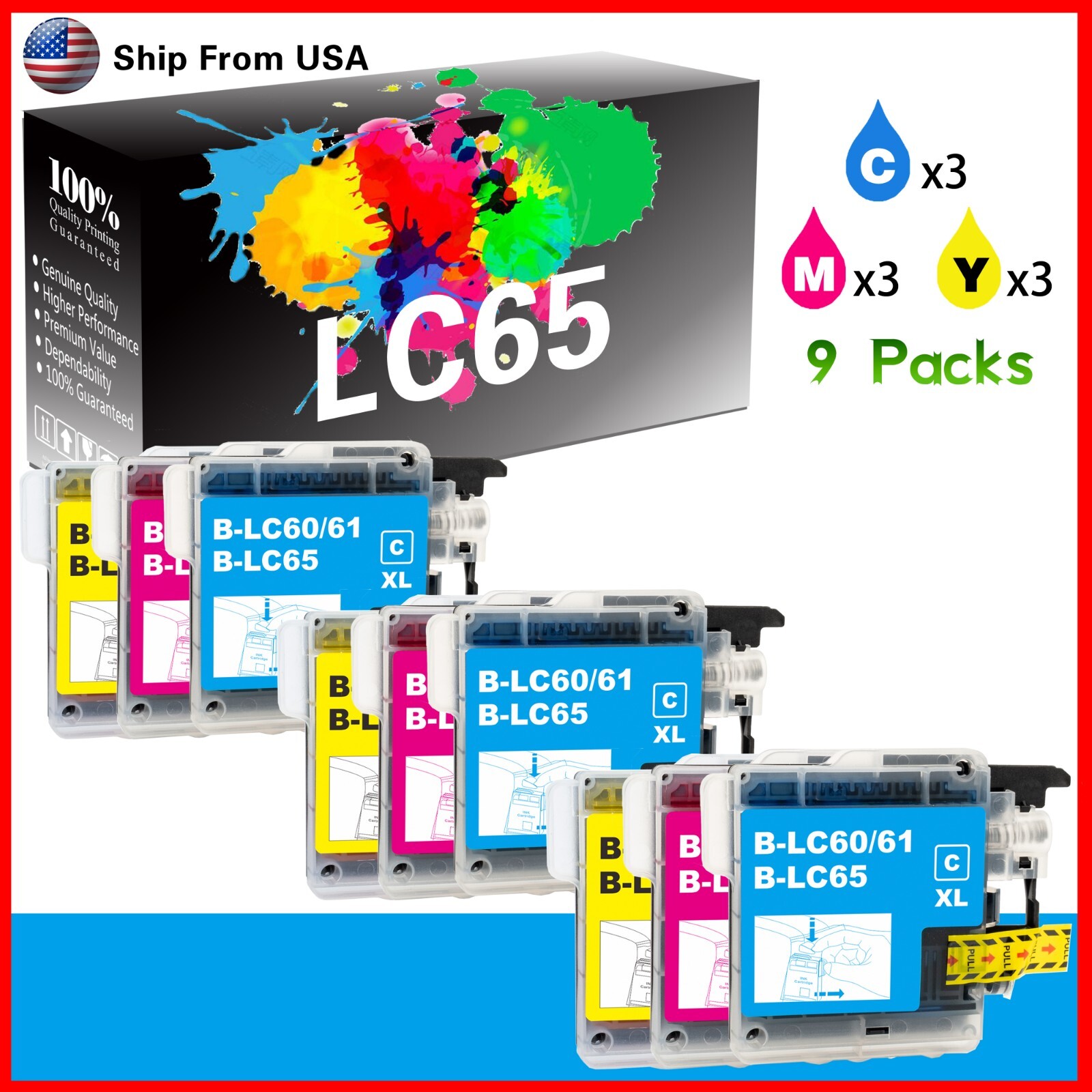(9PK,3C3M3Y) LC65C LC65M LC65Y LC65 Ink Cartridge LC-65 for DCP-J140W ...