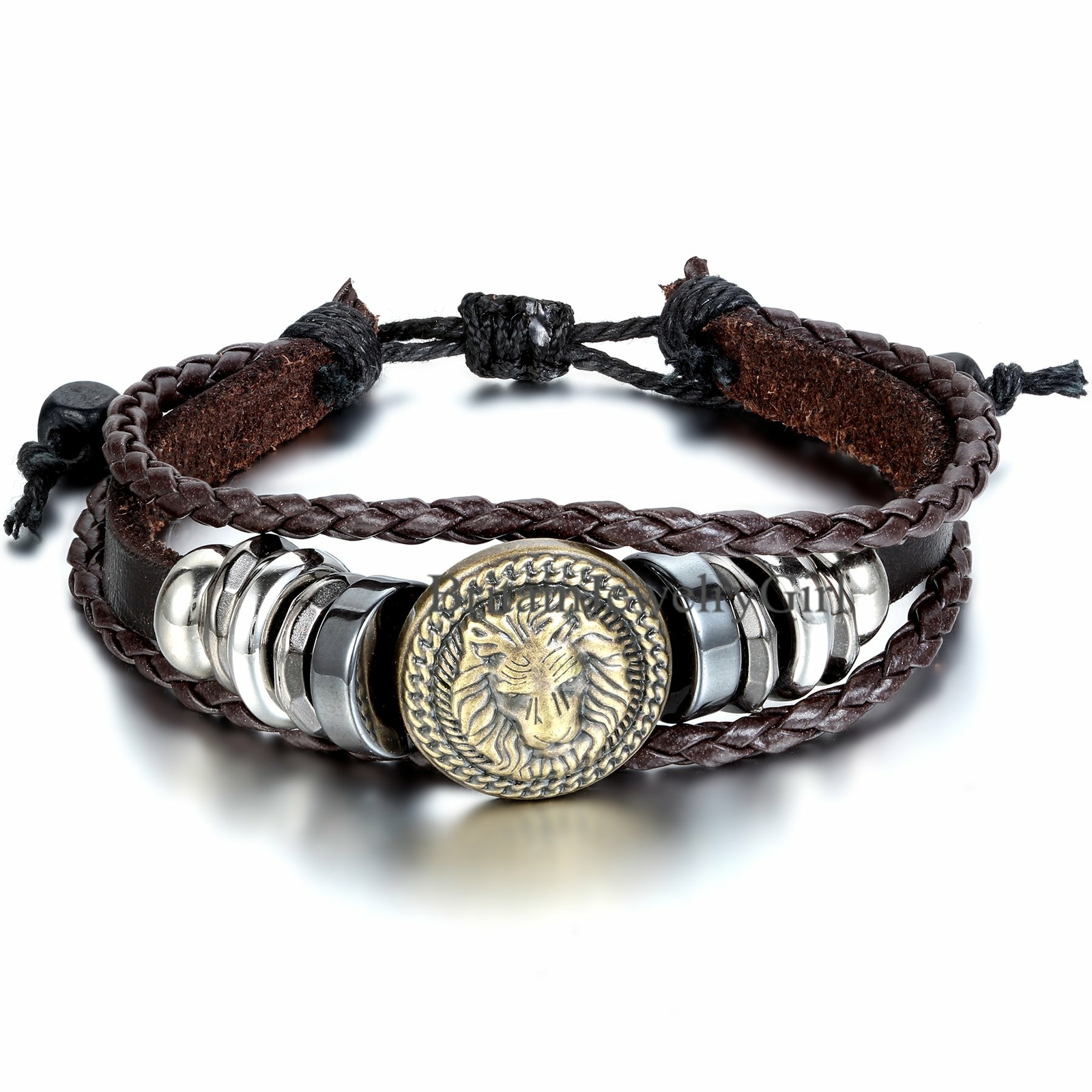 Men Women Multilayer Lion Head Braided Leather Cuff Bangle Bracelet ...