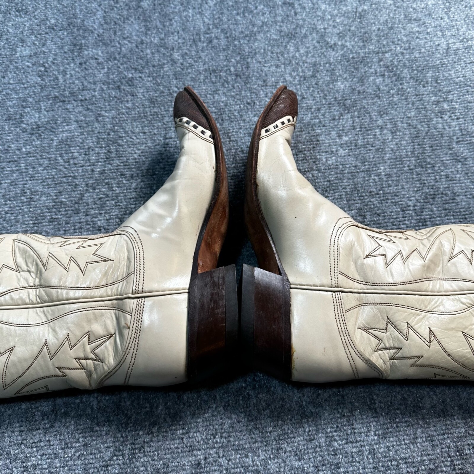 NOCONA Boots Women 5.5 Cream Leather Lizard Trim Pull On Western ...