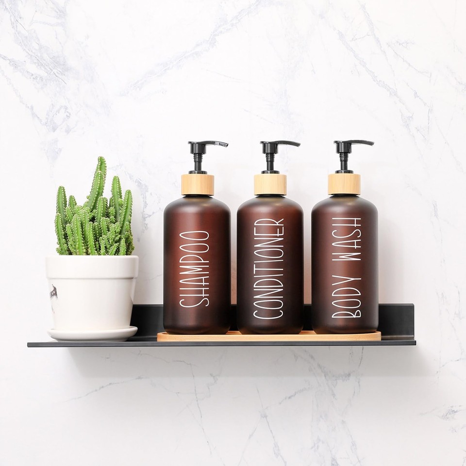 Amber Shower Dispenser Set, Contains 3 Extra-Thick PET Plastic Bottles ...