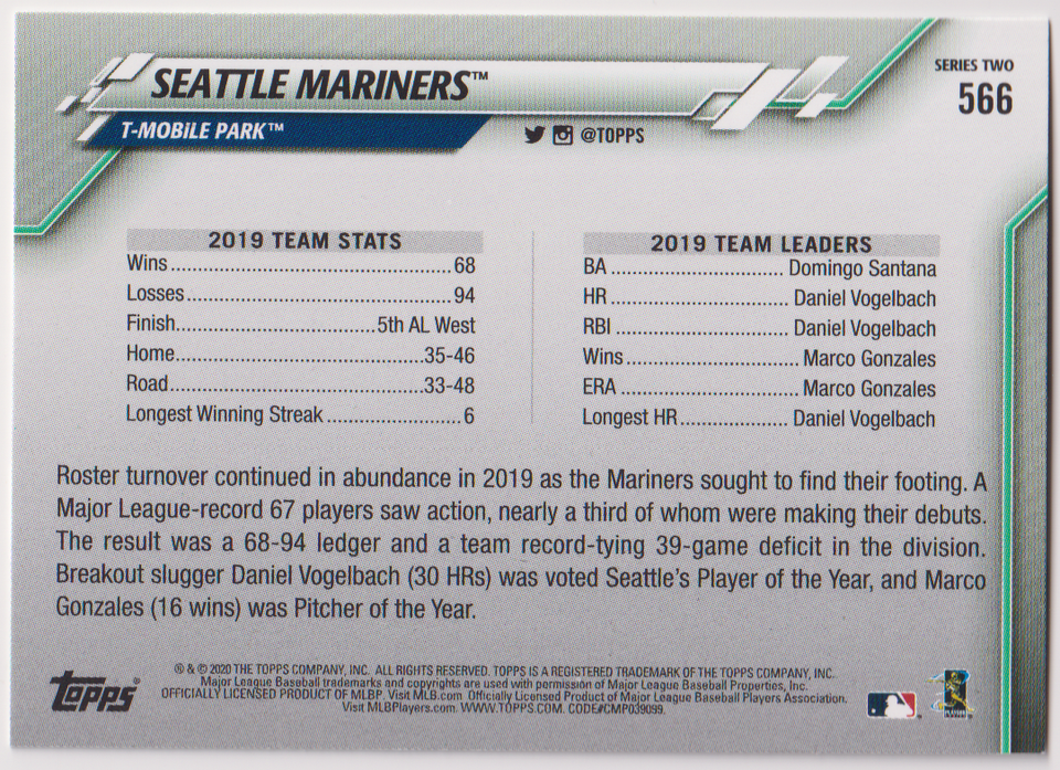 2020 Topps #566 Seattle Mariners Team Card | eBay