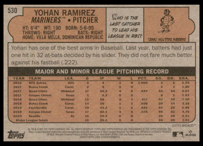2021 Topps Heritage #530 Yohan Ramirez Seattle Mariners Baseball Card ...