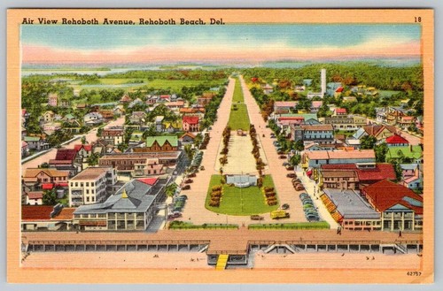 1940-50's REHOBOTH BEACH DELAWARE AERIAL VIEW REHO AVENUE VINTAGE LINEN ...