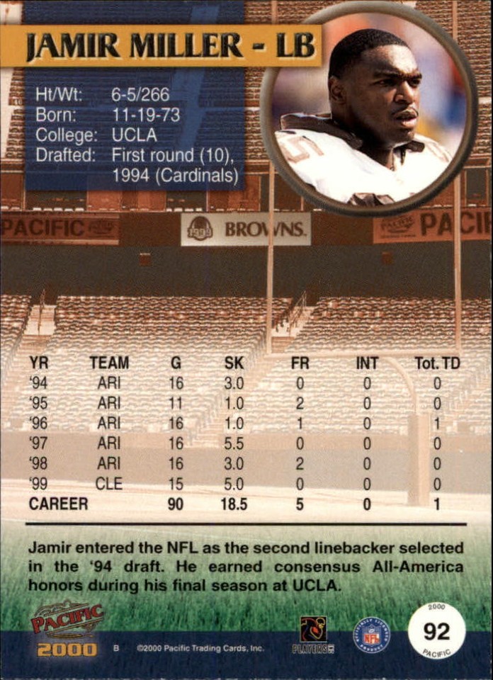 2000 Pacific Copper Cleveland Browns Football Card #92 Jamir Miller /75 ...