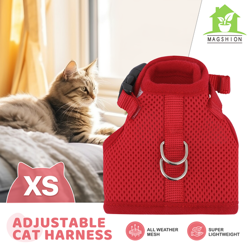 Escape Proof Cat Harness Mesh Adjustable Kitten Vest Reflective Red w/D ...