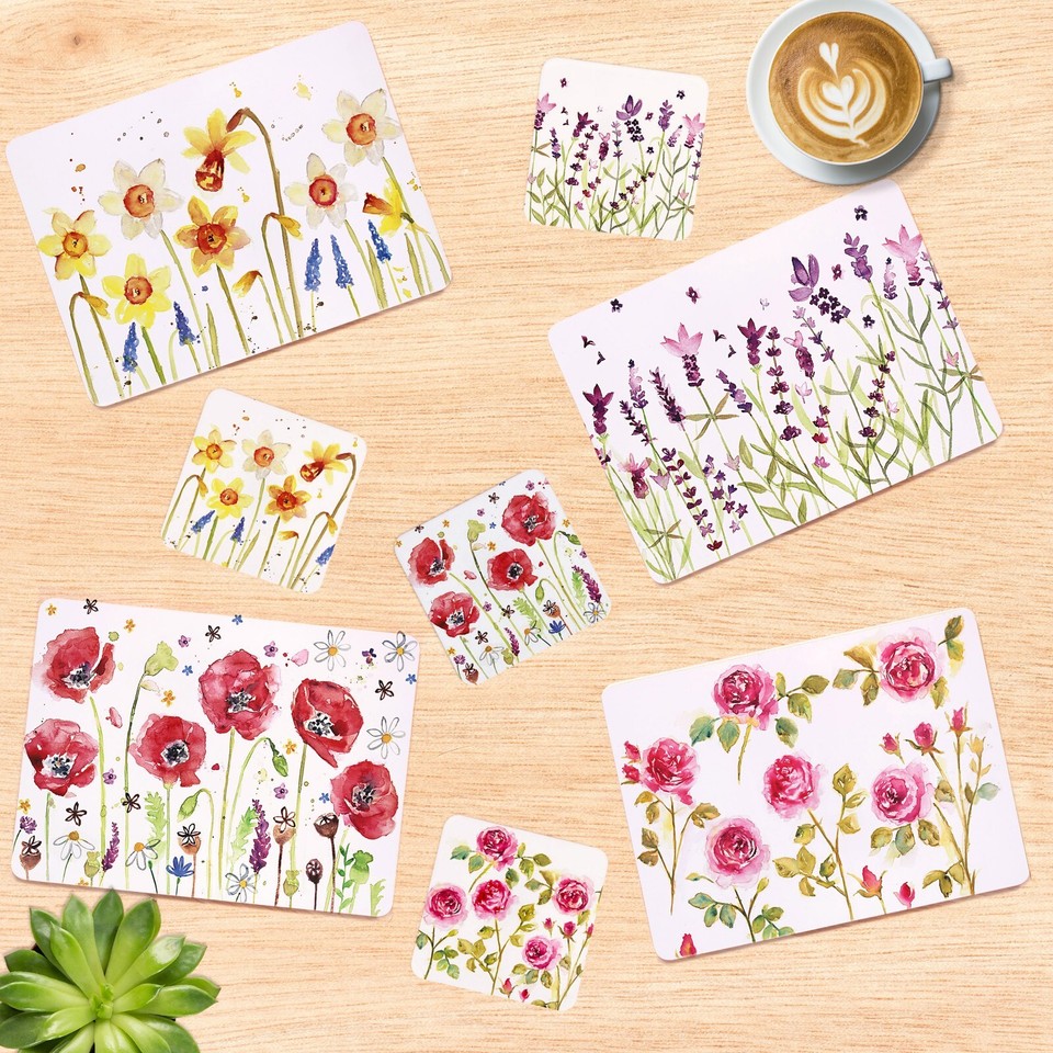 Assorted Floral Placemat Coaster Set Poppy Daffodil Lavender Rose table ...