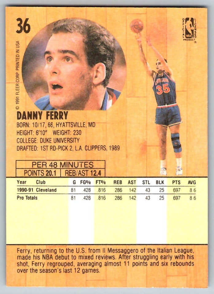 1991-92 FLEER DANNY FERRY CLEVELAND CAVALIERS #36 | eBay