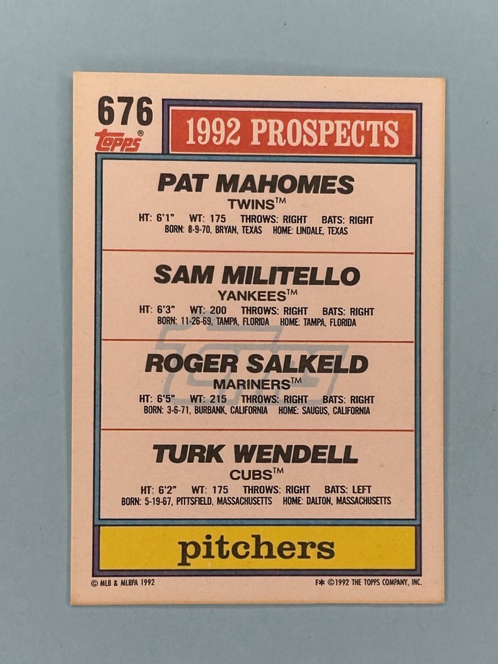 Pat Mahomes 1992 Topps Top Prospects Rookie Card #676 Minnesota Twins ...