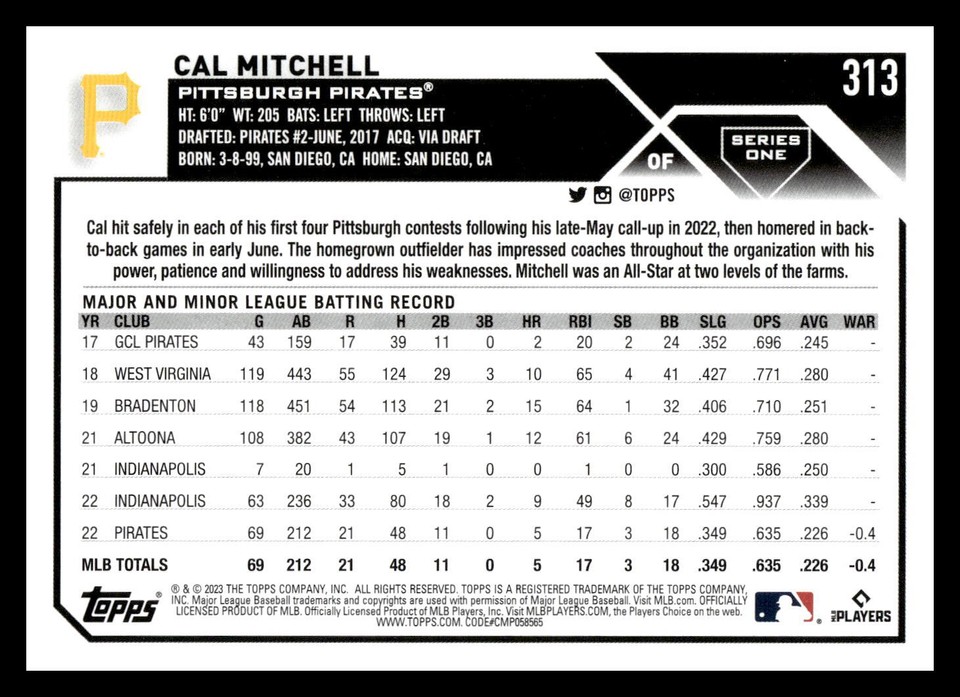 2023 Topps #313 Cal Mitchell Pittsburgh Pirates RC Baseball NM Rookie ...