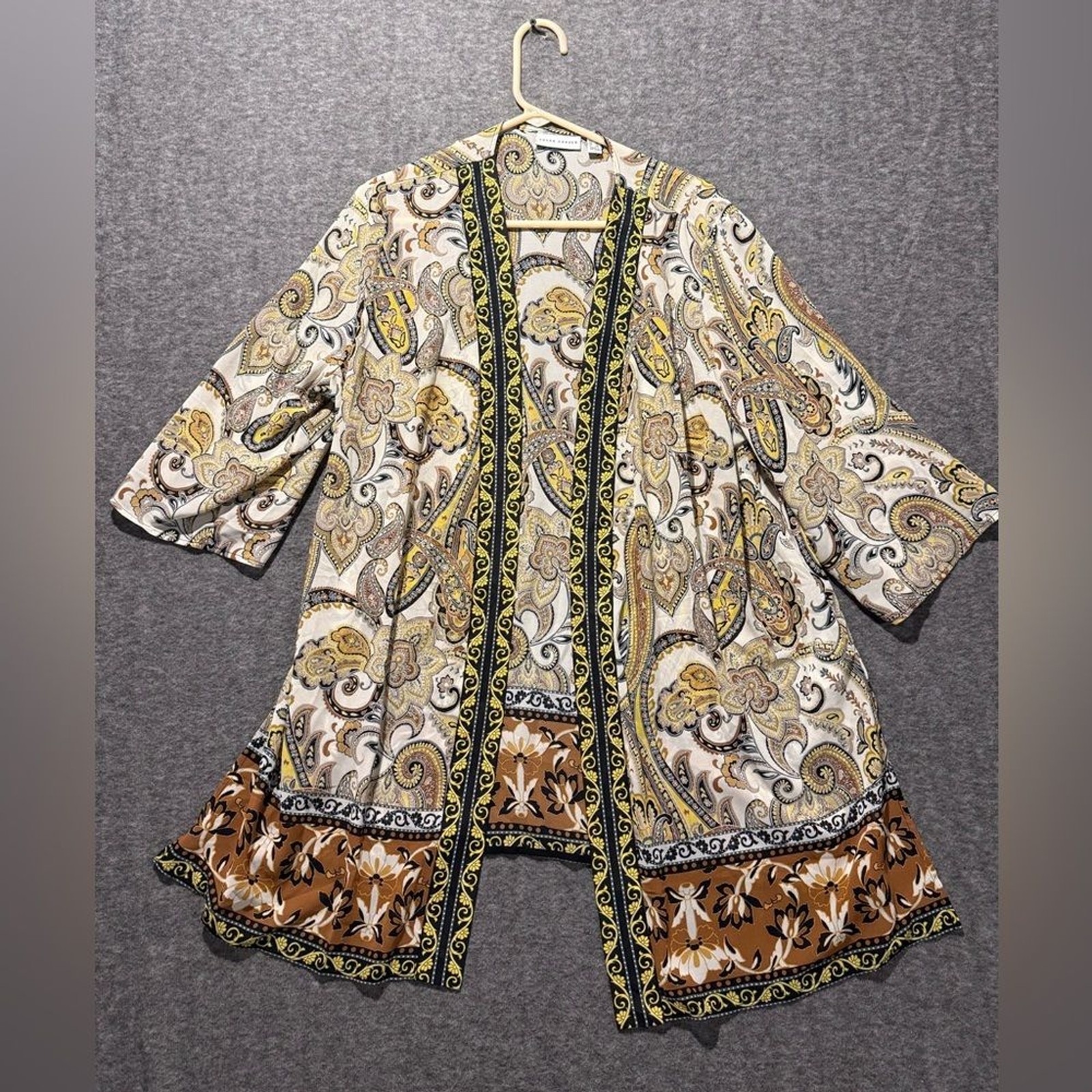Susan Graver paisley floral Kimono Blouse women’s 1x yellow tan open ...