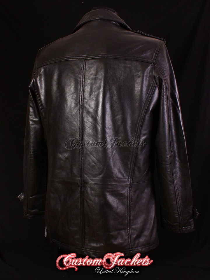 Men's MOBSTER Black Lambskin Mid-Length Real Leather Reefer Jacket Coat ...