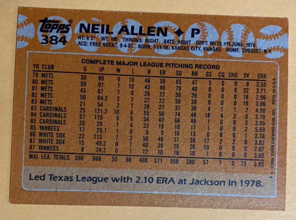 1988 TOPPS CHEWING NEIL ALLEN / YANKEES #384 BASEBALL CARD | eBay