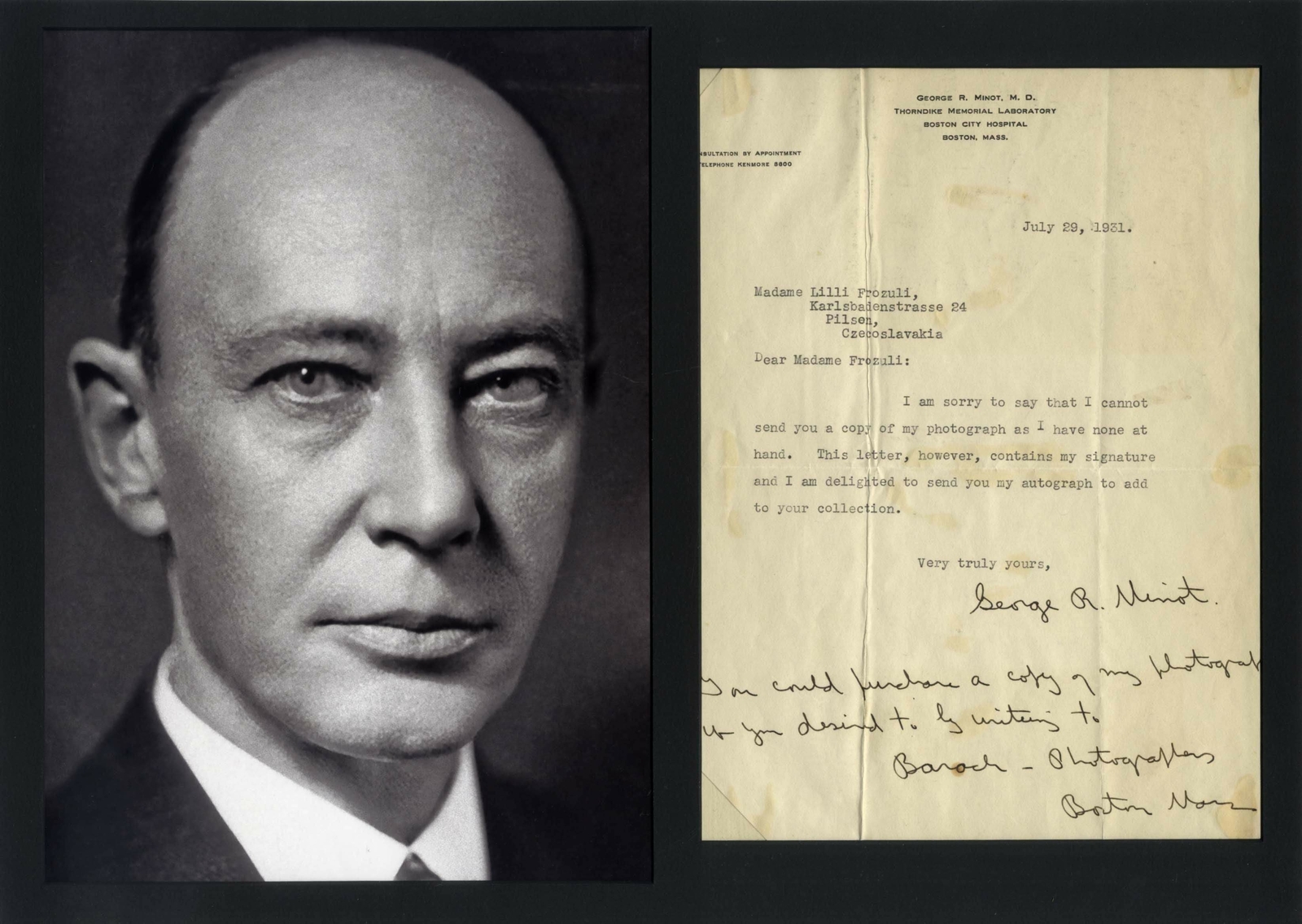 NOBEL PRIZE 1934 George R. Minot autograph, typed letter signed ...