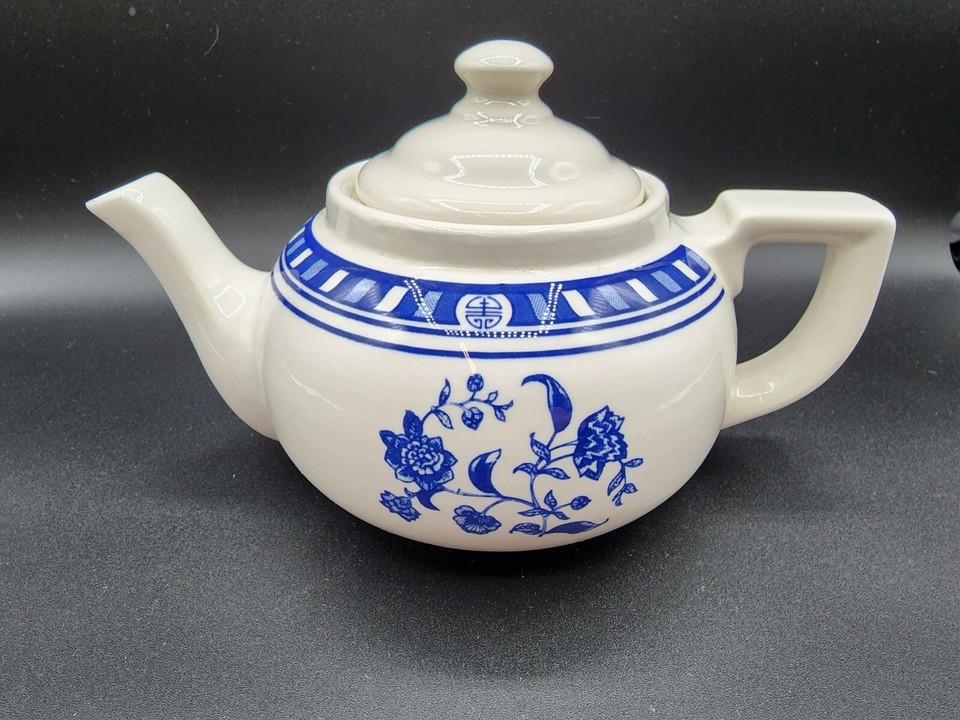 Antique Buffalo China Blue and White Teapot Vintage Floral | eBay