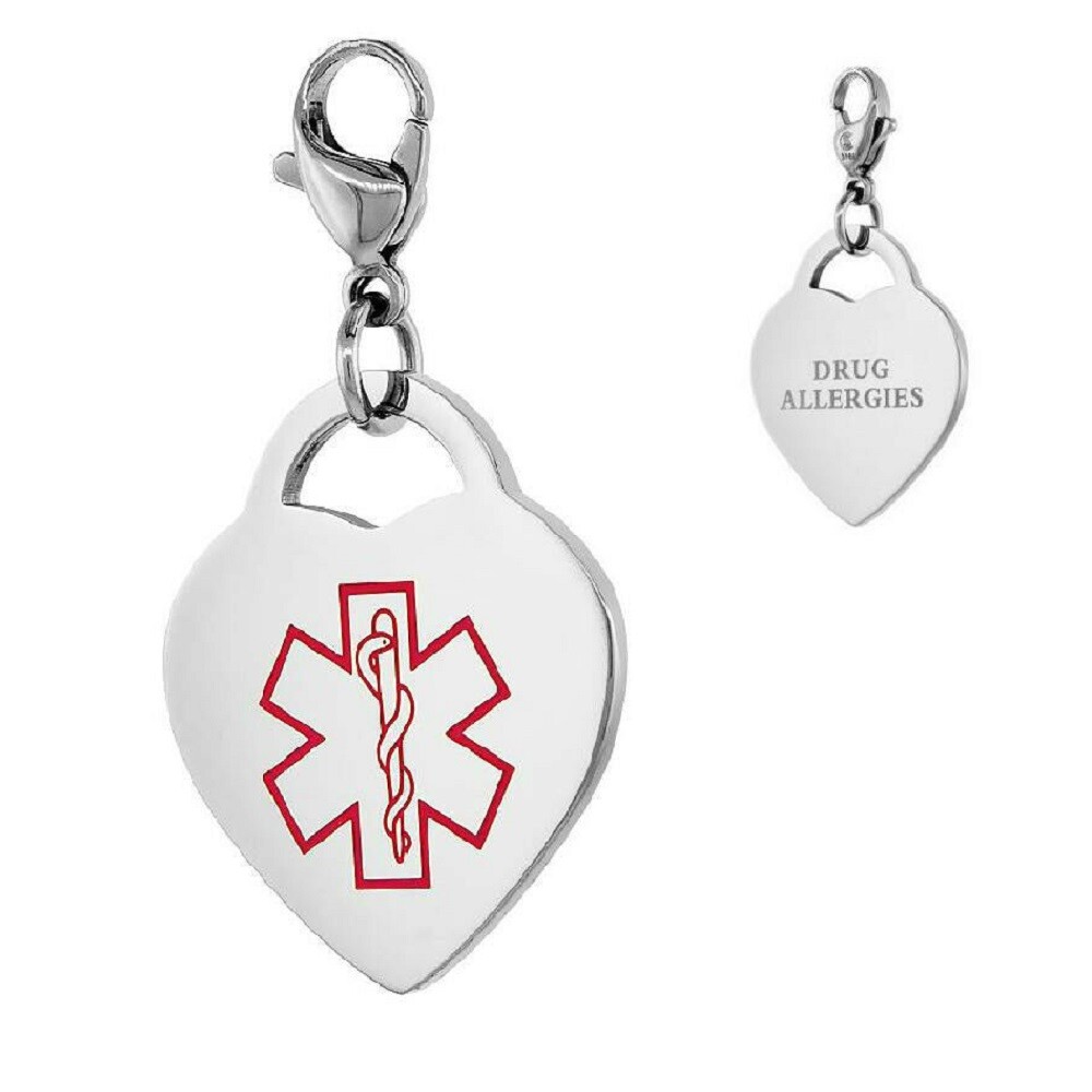 DRUG ALLERGIES Stainless Steel Medical Alert Heart Shape Charm w ...