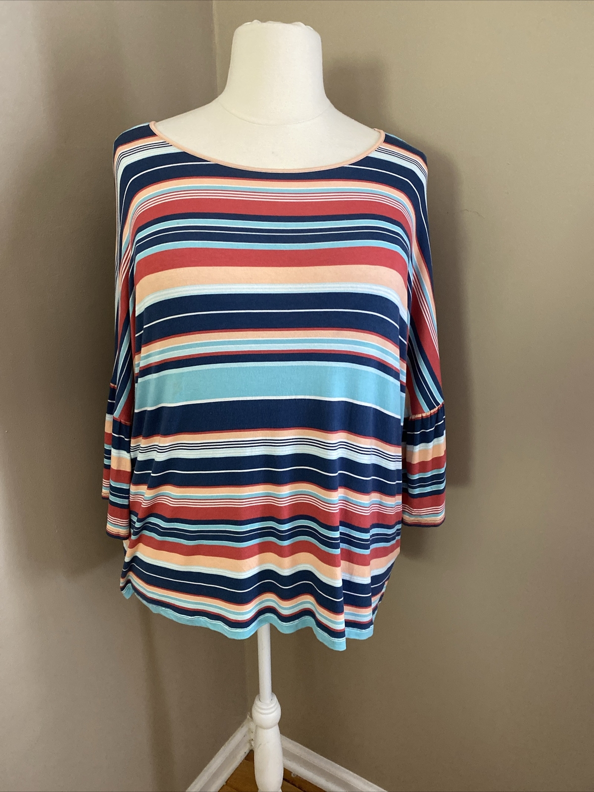 Ruby Rd Blue Multi Stripe Rayon Blend 3/4 Bell Sleeve Blouse Top Size ...