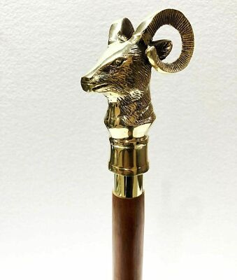 Antique Goat Design Head Handle Victorian Wood Walking Stick Vintage ...