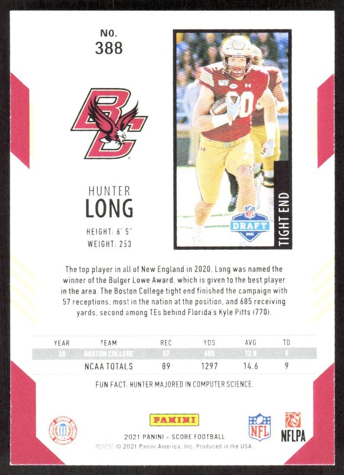 2021 4829B Score Hunter Long Rookie Boston College Eagles #388 | eBay