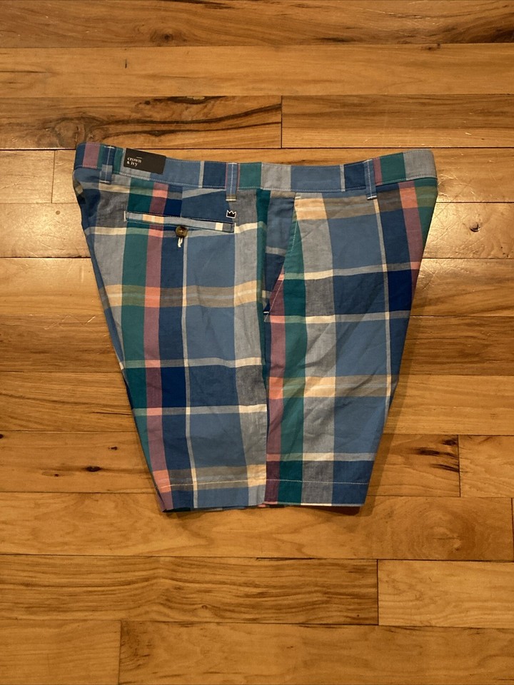 NEW $60 Crown & Ivy Motion Flex Blue Plaid Casual Golf Shorts Men’s ...