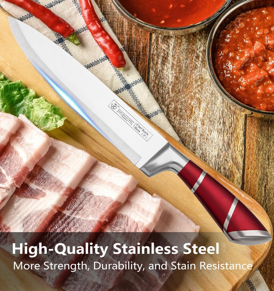 9Pcs Red Kitchen Knife Set, Chef Knife Set Professional, Stainless ...